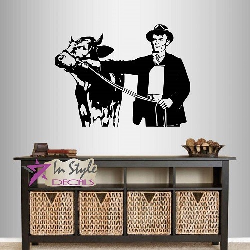 Vinyl Decal Cowboy Farmer and Cow Cattle Western Man Country Wall ...