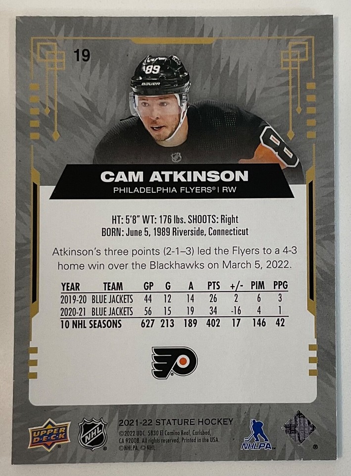 2021-22 CAM ATKINSON UPPER DECK STATURE CARD #19 PHILADELPHIA FLYERS | eBay