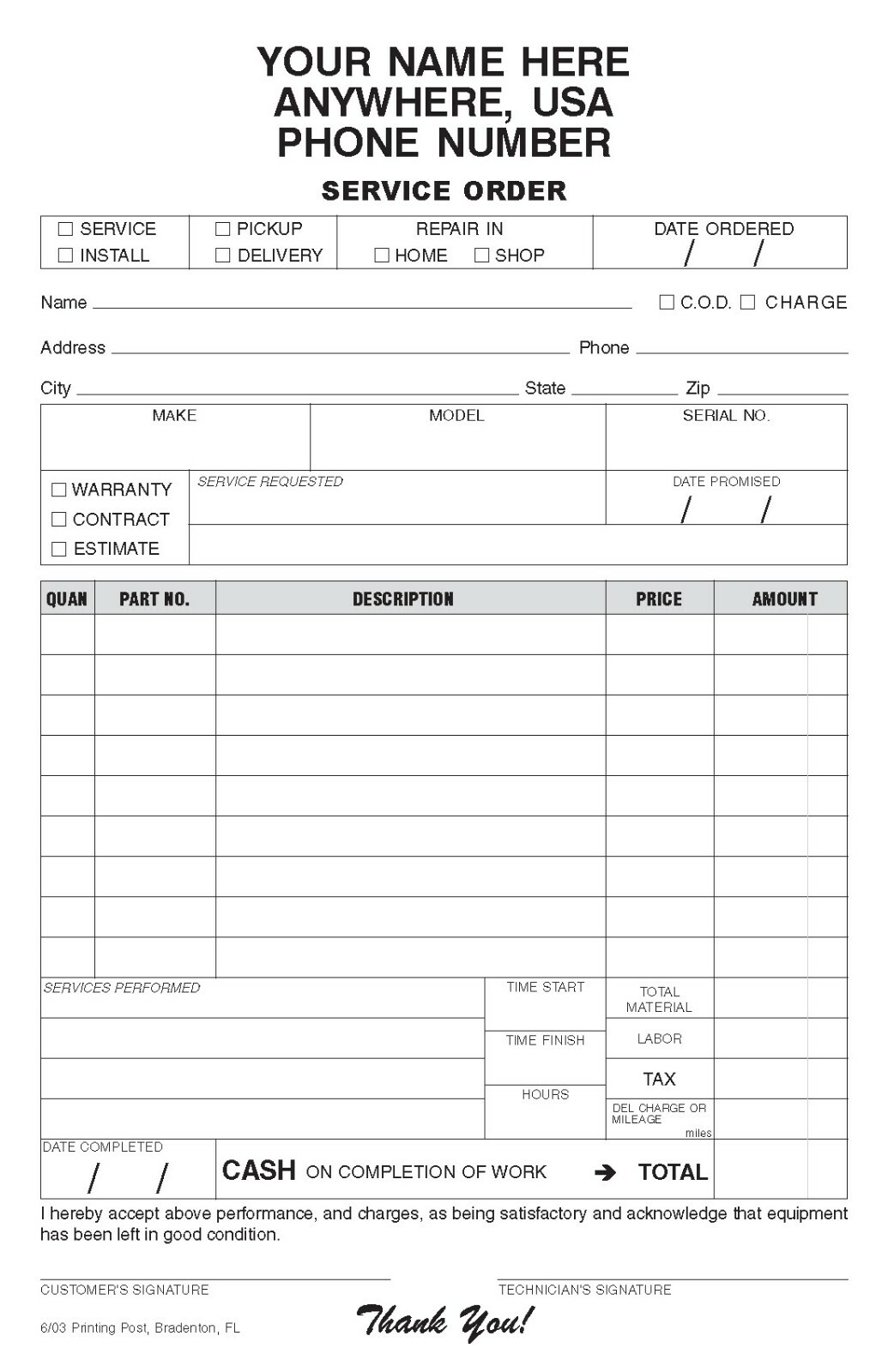 (250) 2-part Repair Order - Service Order - Work Order | eBay