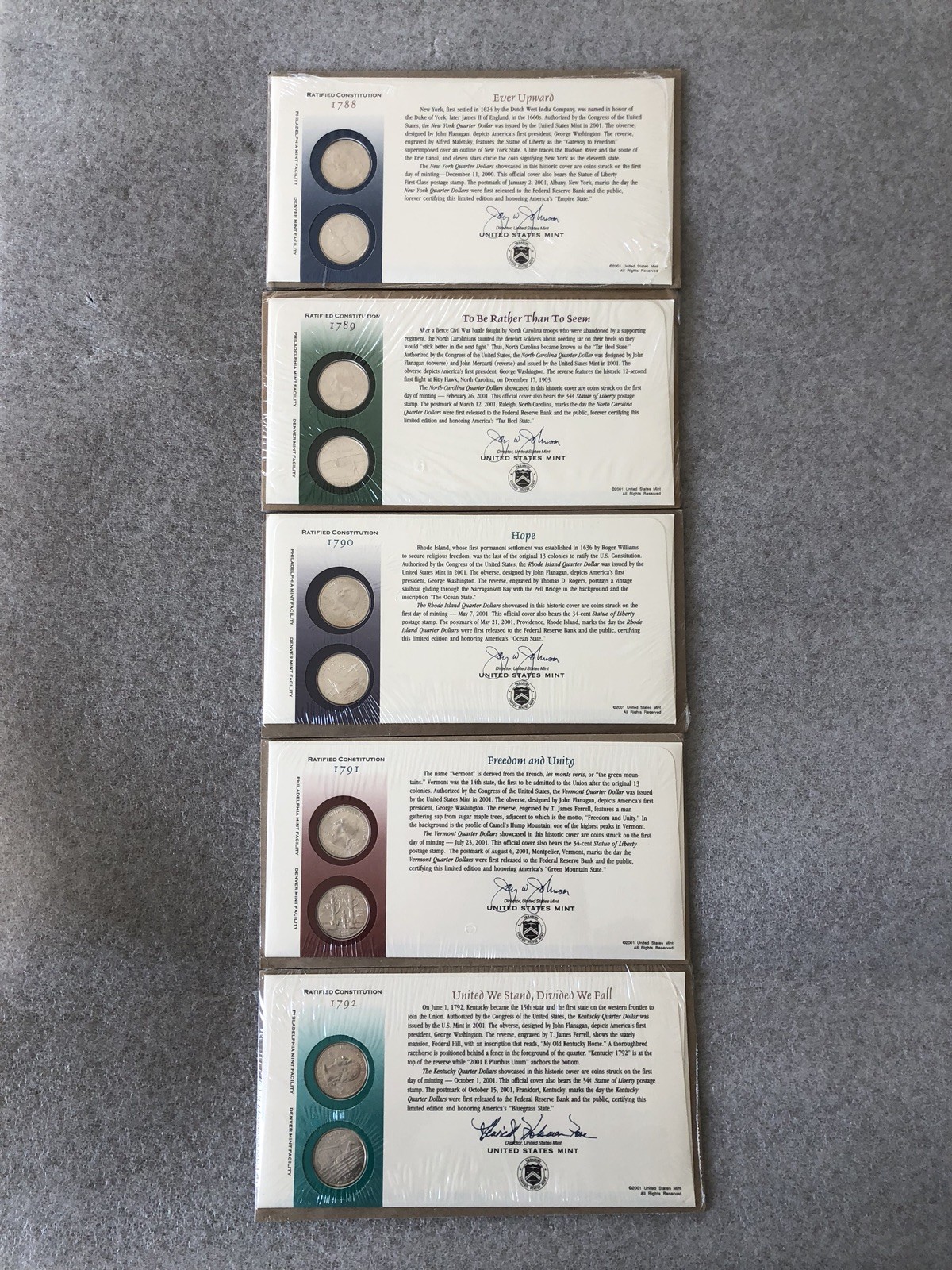 1999 2001 STATE QUARTER FIRST DAY COVER SET MINT SEALED CELLO Q10-Q14 ...