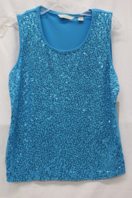 NWT LAURA ASHLEY "Sapphire Charm" Blue Sequin Tank Top Womens Size PS ...