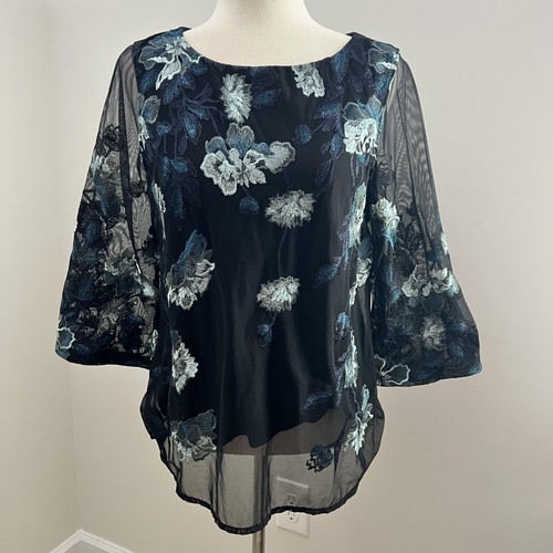 Sheer Navy Floral Embroidered Blouse Boho Romantic Mesh Top Whimsigoth ...