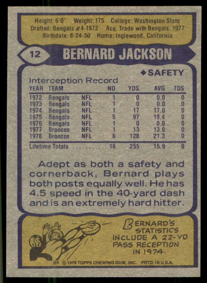 1979 Topps Bernard Jackson Denver Broncos #12 | eBay