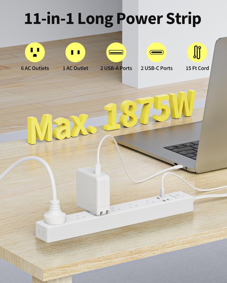 15 Ft Power Strip Surge Protector - 7 Outlets 4 USB Ports 2 USB C ...