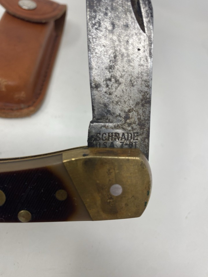 Vintage Schrade Old Timer 7-0T Lock Blade Knife USA W/ Leather Sheath ...