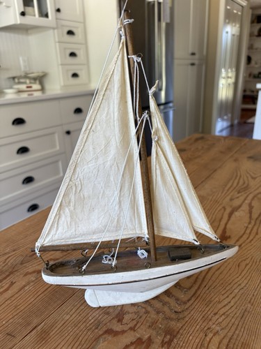 Vintage Model Sailboat Wood Cloth Sails Yacht Nautical Pond Boat ...