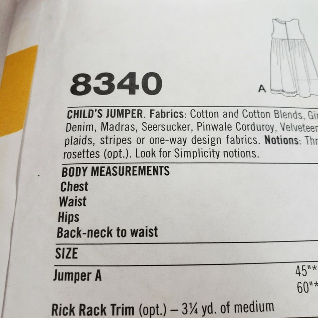 8340 Simplicity Child's Jumper Uncut Sewing Pattern Size 3-8 for sale ...