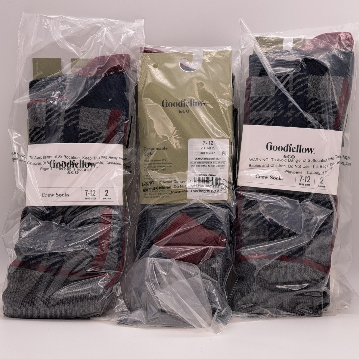 2 Pair - Men's Plaid Crew Goodfellow & Co. Gray Multi-Color Sock 7- 12 ...