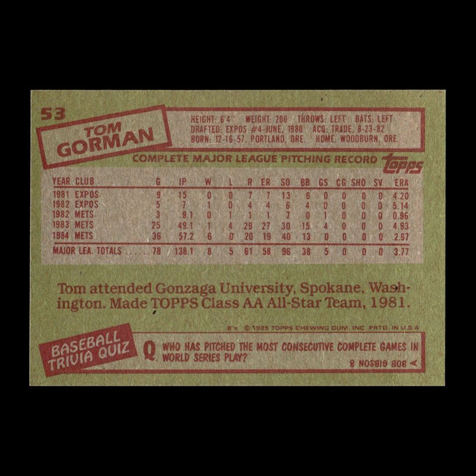 Tom Gorman 1985 Topps New York Mets #53 R321G 45 | eBay