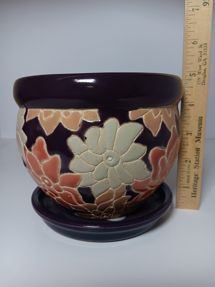 Floral Clay Pot Planter With Connecting Under Dish And Drain Hole 5" By ...