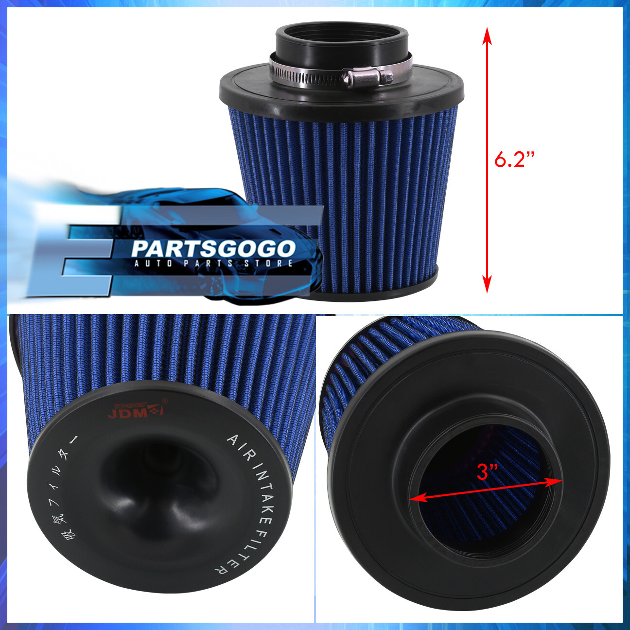 3" Cold /Short Ram Air Intake High Flow Cone Filter Blue Induction CAI ...