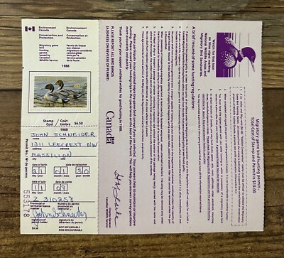 1988 Duck Stamp ***CANADA*** Hunting Conservation Permit License | eBay