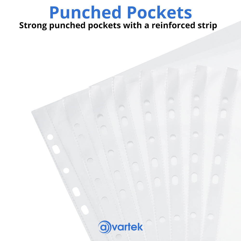 100 X A4 PLASTIC PUNCH PUNCHED POCKETS 50 MICRON FILING WALLETS FOLDERS ...