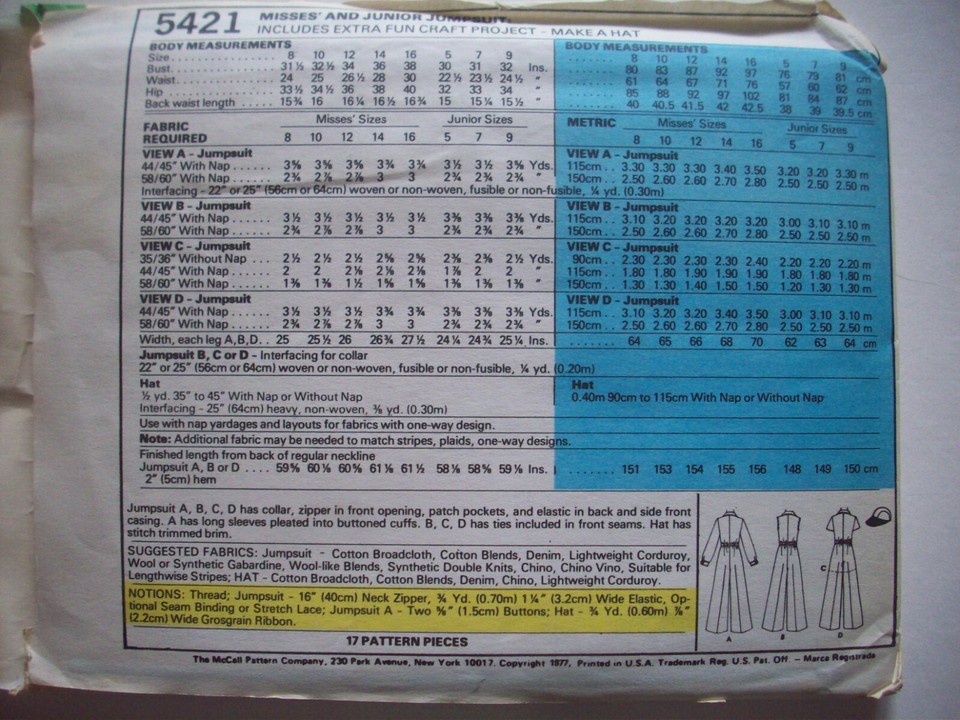 70's Jumpsuit and cap pattern 5421 size 9 junior UNCUT | eBay