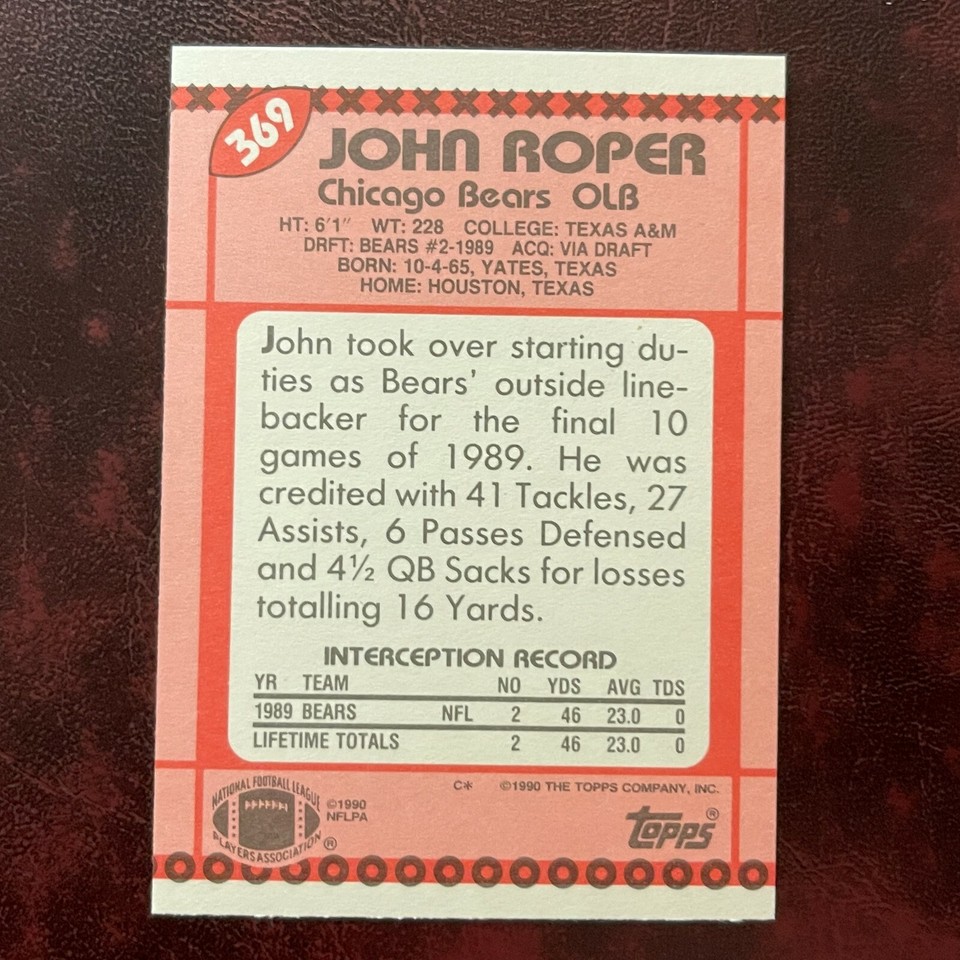 1990 Topps TIFFANY Set JOHN ROPER ROOKIE #369 CHICAGO BEARS * MINT ...