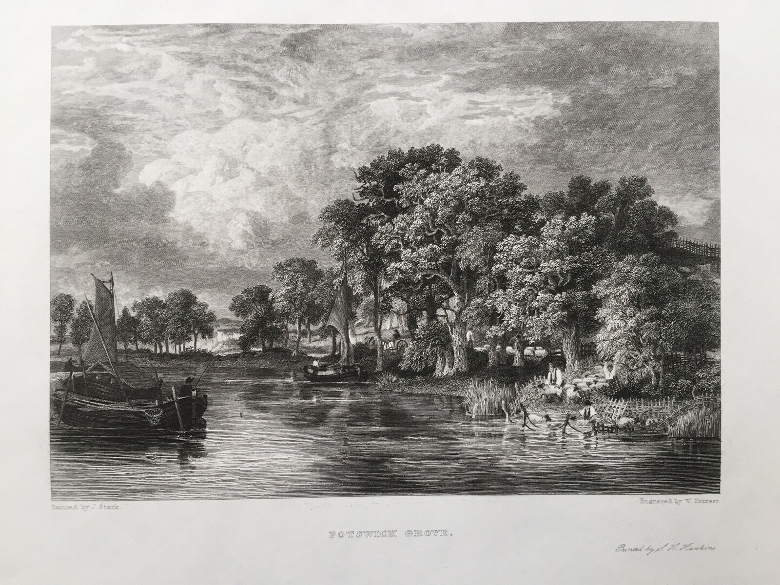 1834 Antique Print; Postwick Grove, near Norwich, Norfolk after James ...