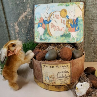 OLD PRIMITIVE ANTIQUE VINTAGE FOLK ART STYLE EASTER BUNNY RABBIT BAND ...