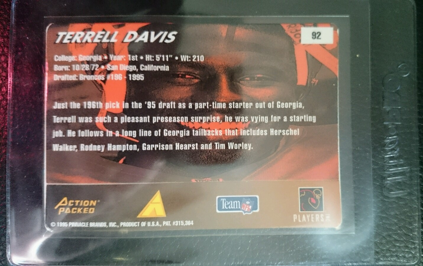1995 ACTION PACKED #92 TERRELL DAVIS ROOKIE CARD RC DENVER BRONCOS HOF ...