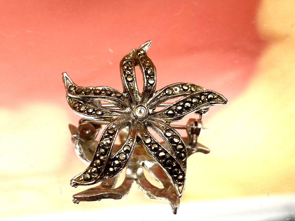 Vintage Brooch Silver Tone Metal Marcasite Flower Design | eBay UK