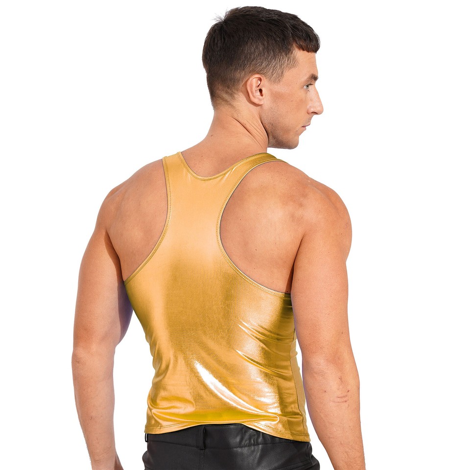 Men Shiny Metallic Sleeveless Muscle Tank Top Faux Leather Vest Tops ...