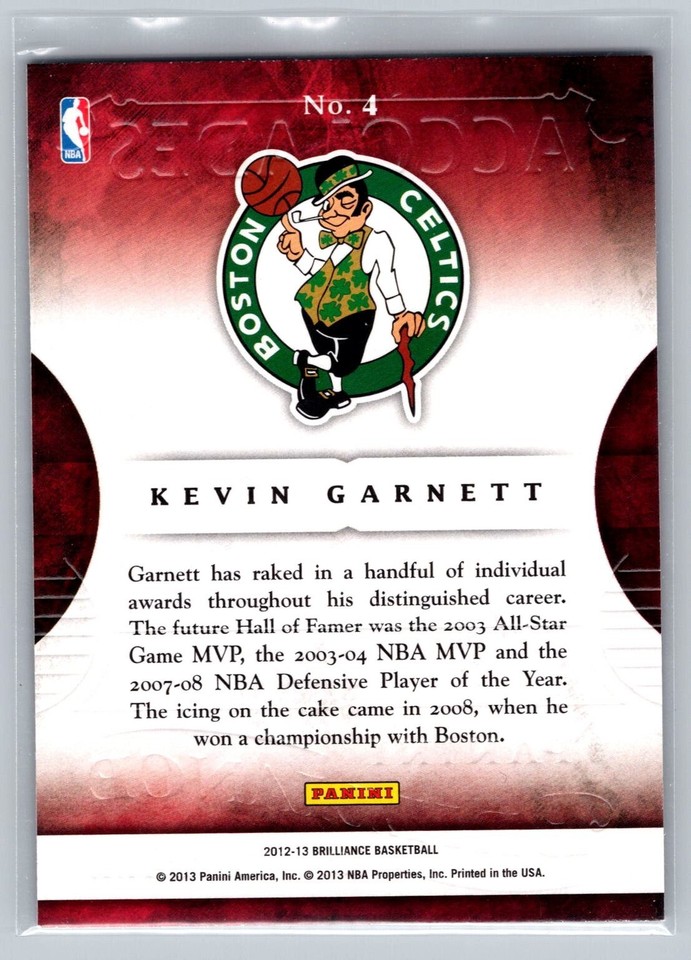 2012-13 Panini Brilliance Accolades Celtics Basketball Card #4 Kevin ...