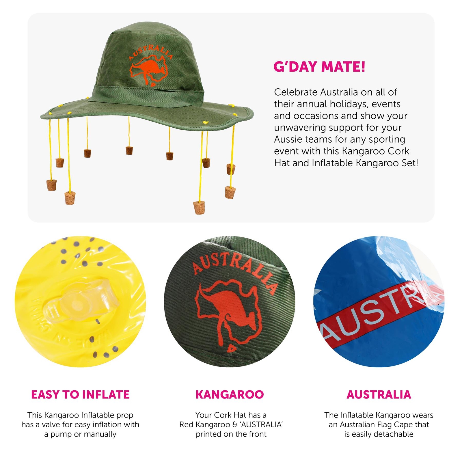 AUSTRALIA COSTUME CORK HAT + KANGAROO INFLATABLE AUSSIE DAY CROCODILE ...