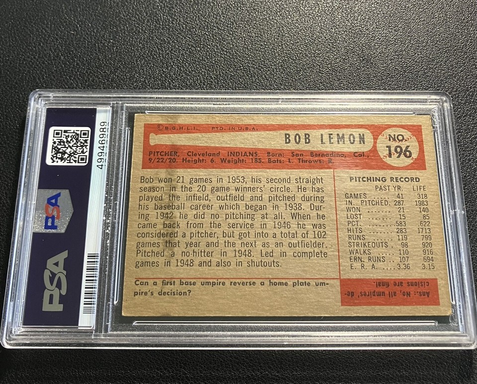 1954 Bowman #196 Bob Lemon Signed PSA/DNA Authentic Autograph Grade 10 ...