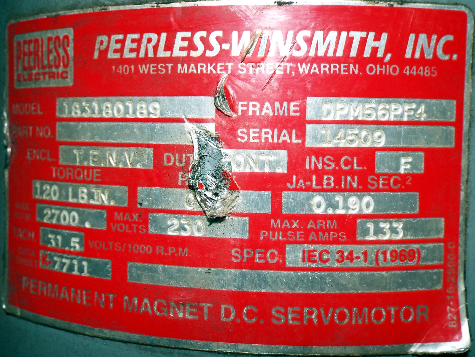 1 NEW PEERLESS-WINSMITH 183180189 DPM56PF4 PERMANENT MAGNET DC SERVO ...