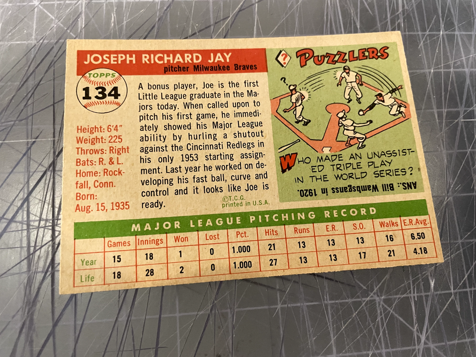 1955 TOPPS #134 JOE JAY MILWAUKEE BRAVES BASEBALL CARD NM/MT | eBay