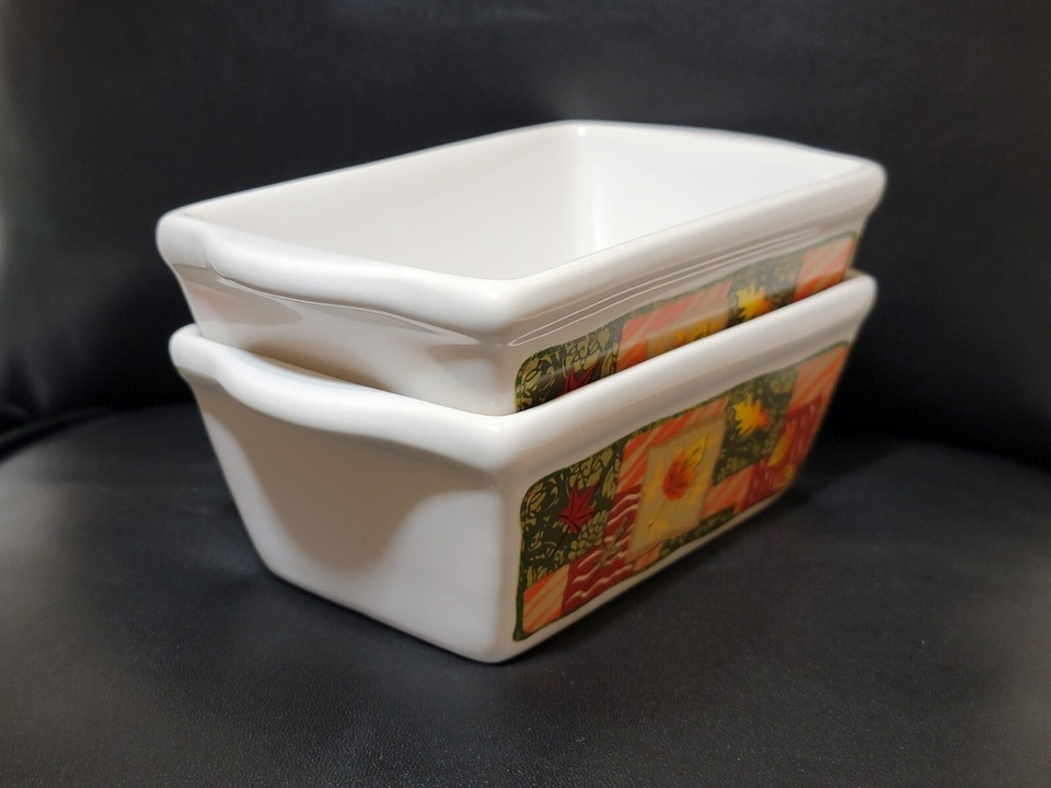 Vintage Set of 2 Quilt Fall Theme Ceramic Mini Bread Loaf Pan ...