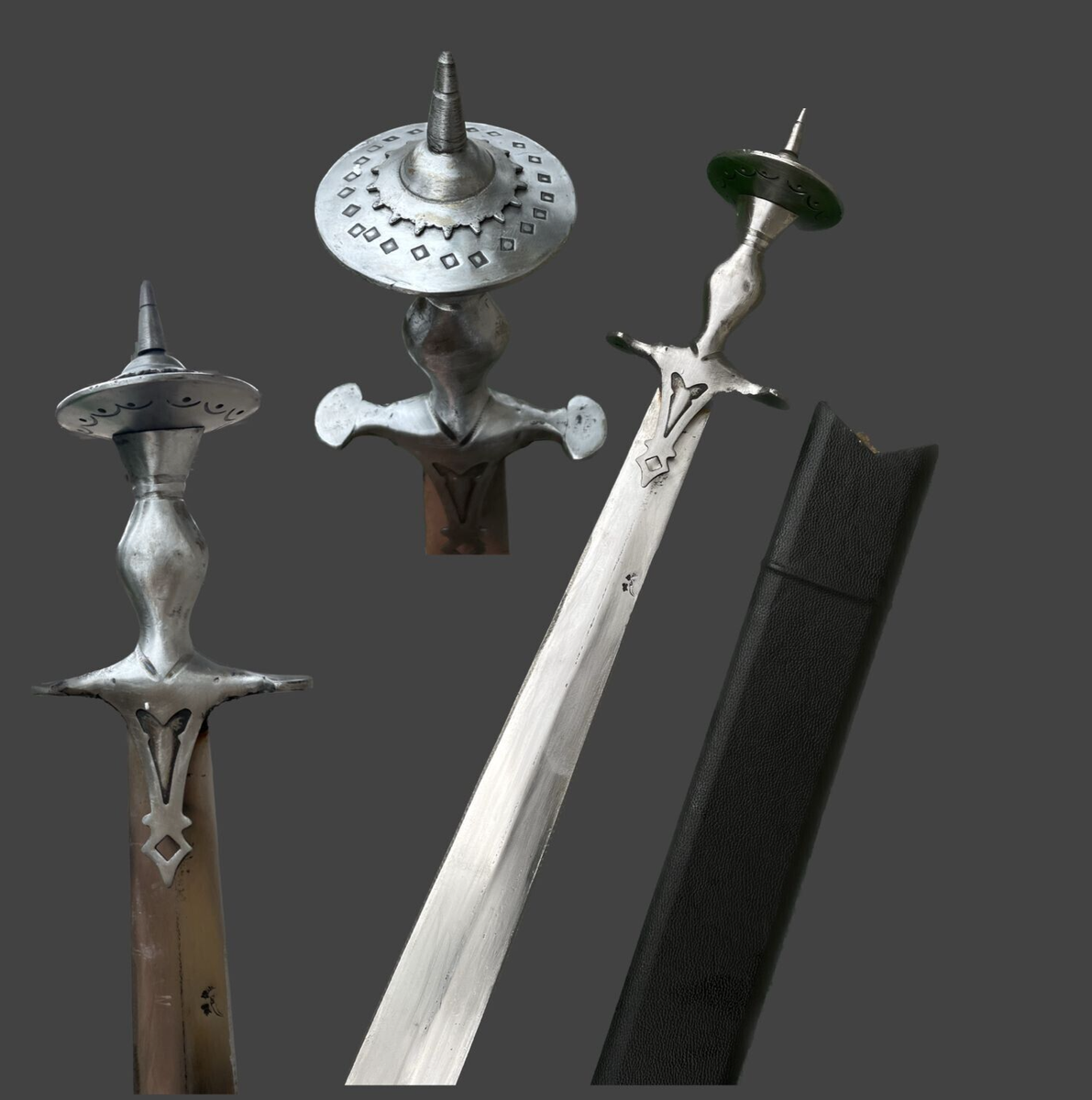 Khanda Sword PH Khanda Sword Handle Chiseled Steel Blade Blue Golden