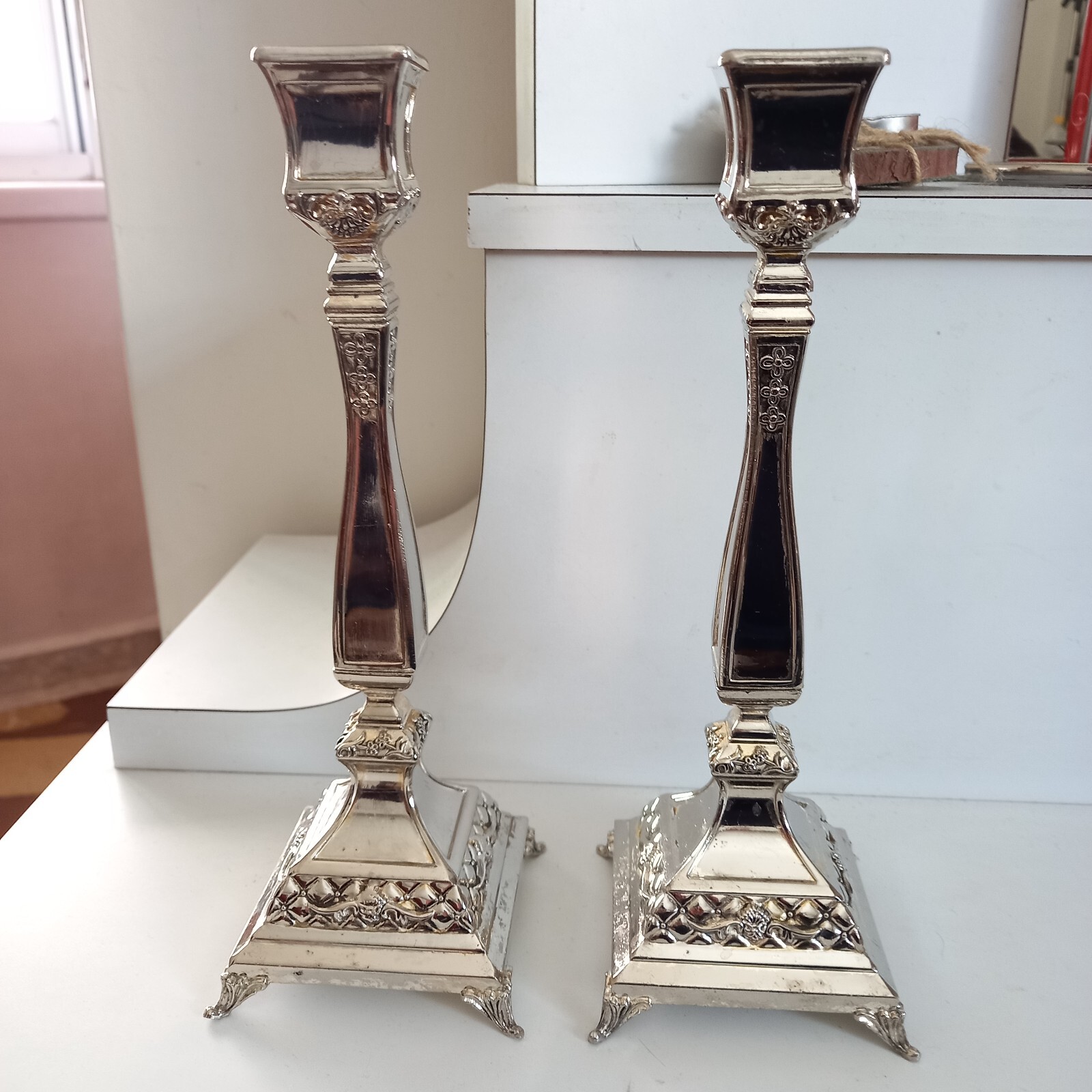 Pair Candlesticks Plated Vintage Silver Victorian Adam Style Candle ...