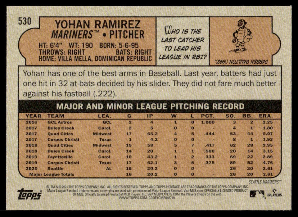 2021 Topps Heritage 530 Yohan Ramirez Mariners Rookie Baseball Card | eBay