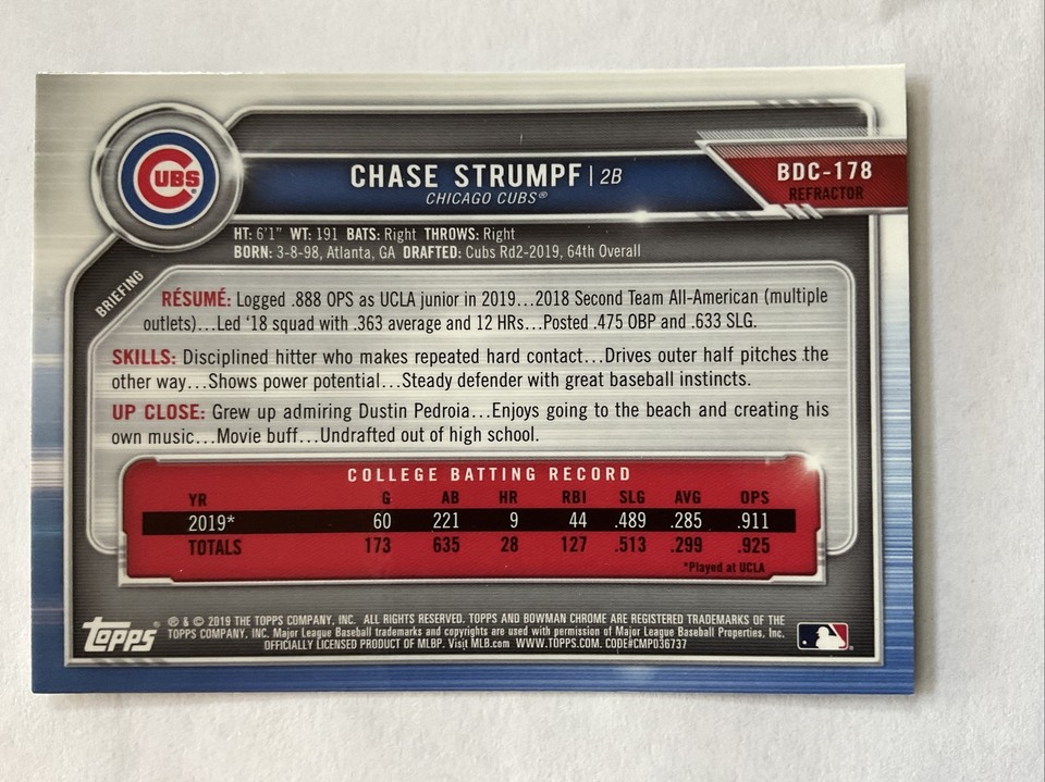 2019 Bowman Chrome Draft Refractor CHASE STRUMPF 1st Bowman Chicago ...
