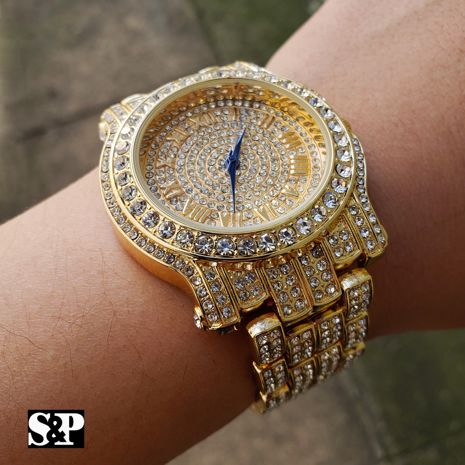 Men Best Hip Hop Iced Bling Gold PT Blue Hands Bling Simulated Diamond ...