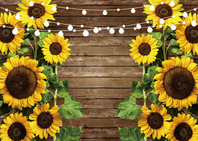 7x5ft Sunflowers String Lights Rustic Wood Plank Vinyl Backdrop Photo ...