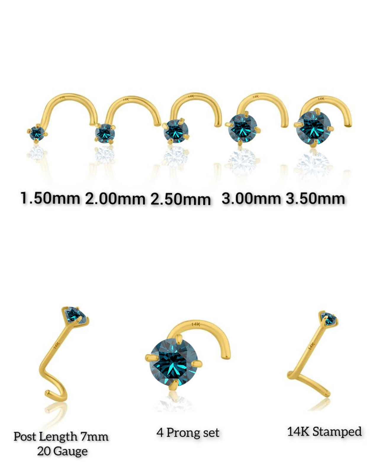 14K Solid gold 20G Real Natural Blue Diamond Stud Twisted Crooked Screw ...