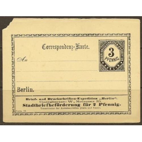 German 19th Century 3 Pf. private post card Stadtbriefbeförderung ...