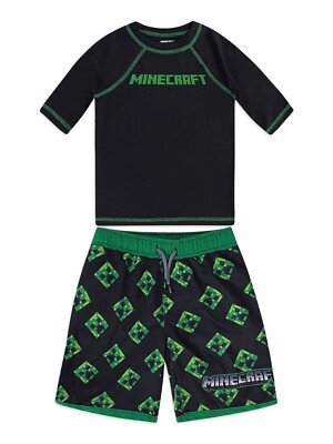 Boys Minecraft Swim Trunks Rash Guard Set Short Shirt Swimsuit Creeper ...