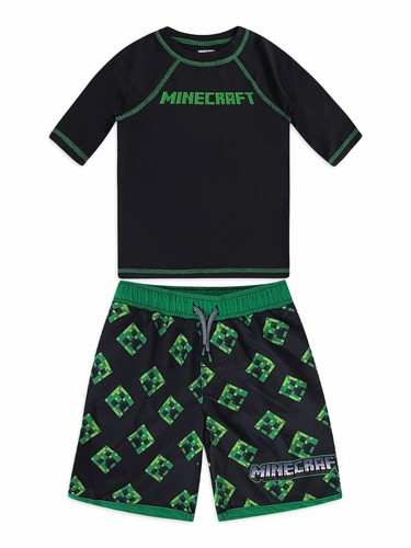 Boys Minecraft Swim Trunks Rash Guard Set Short Shirt Swimsuit Creeper ...