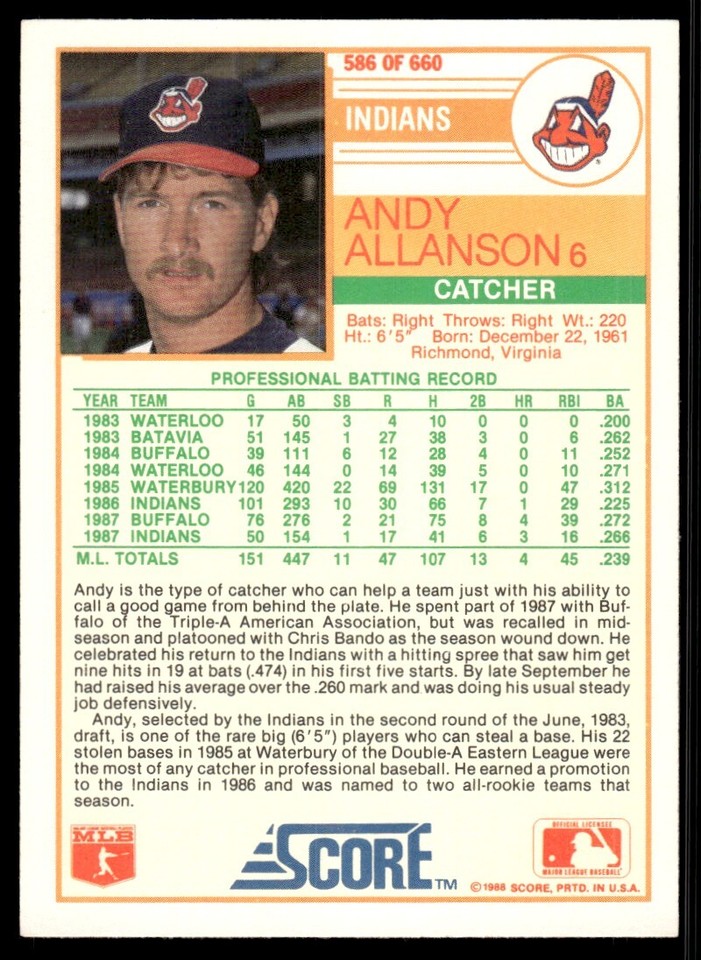 1988 Score Baseball Card Andy Allanson Cleveland Indians #586 | eBay