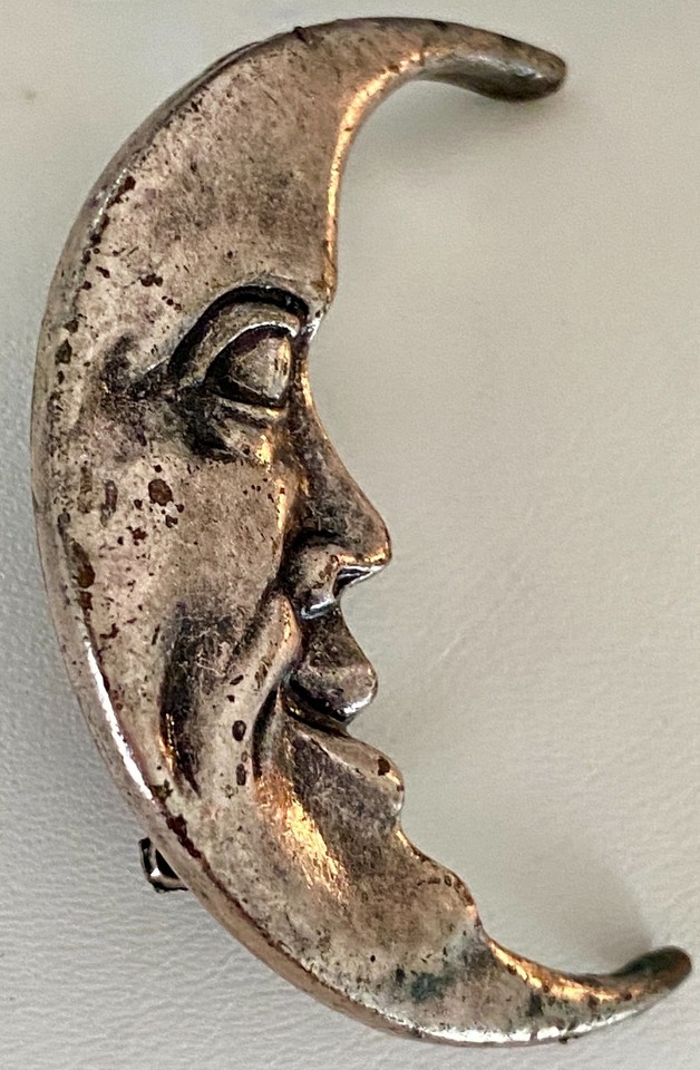 Vintage Crescent Moon Pin Brooch Man On The Moon Silver Tone Half Moon ...