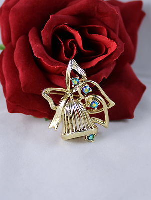 Vintage Dodd's Holiday Gold tone Bells Rhinestone Pin Brooch CAT RESCUE ...