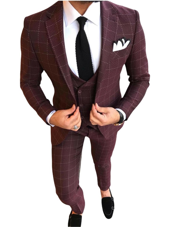 Designer Business Burgundy Red Checkered Suit Jacket Vest Pants Slimfit ...