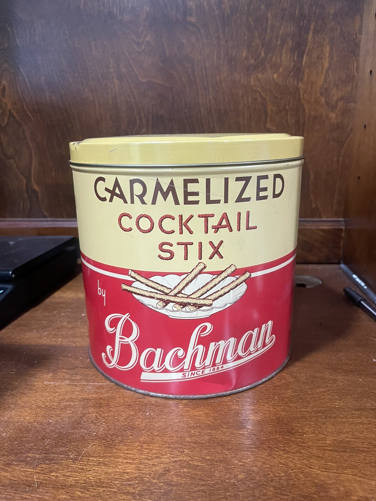 Bachman Carmelized Cocktail Stix Pretzel Advertising Tin Can 7 1/2 ...