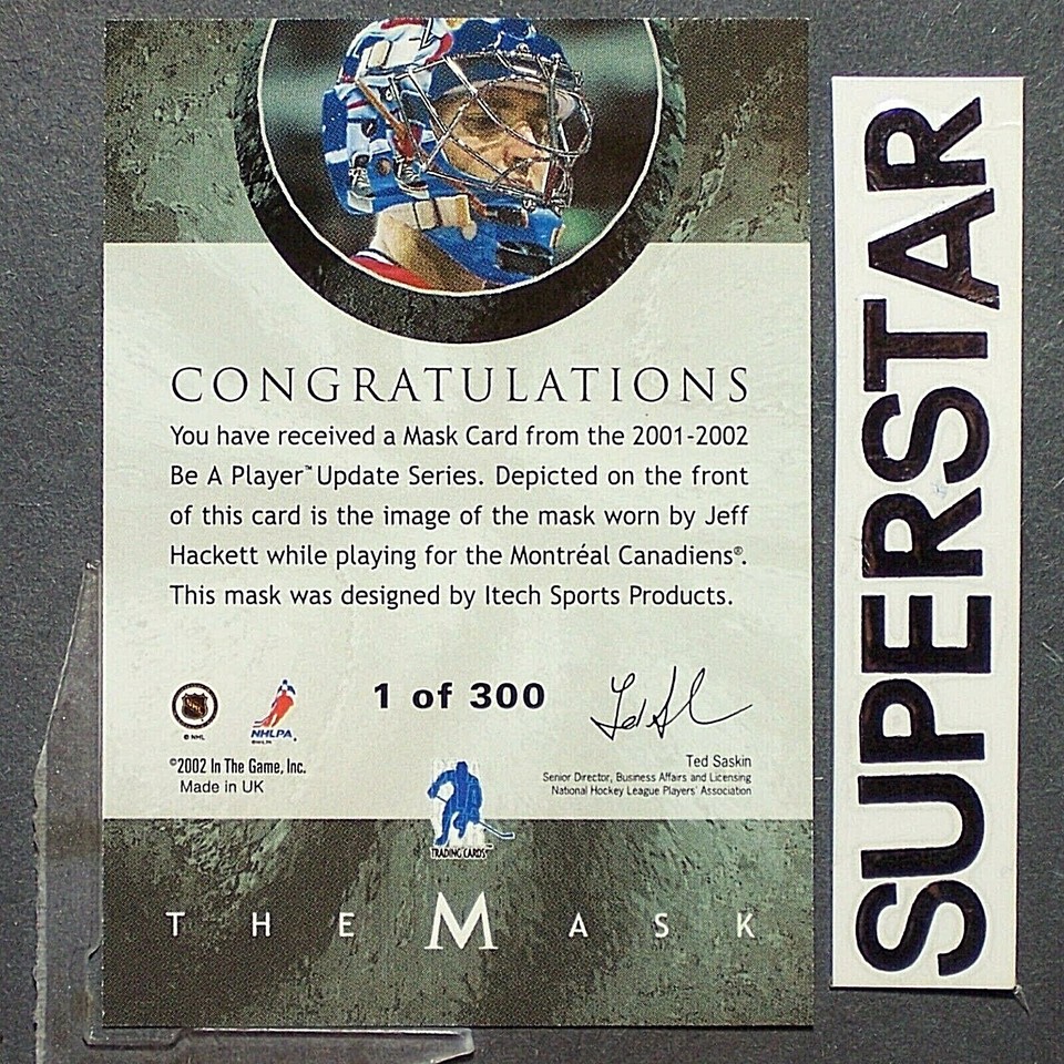 JEFF HACKETT 1 of 300 2001-02 Between the Pipes Masks Silver #34 ...