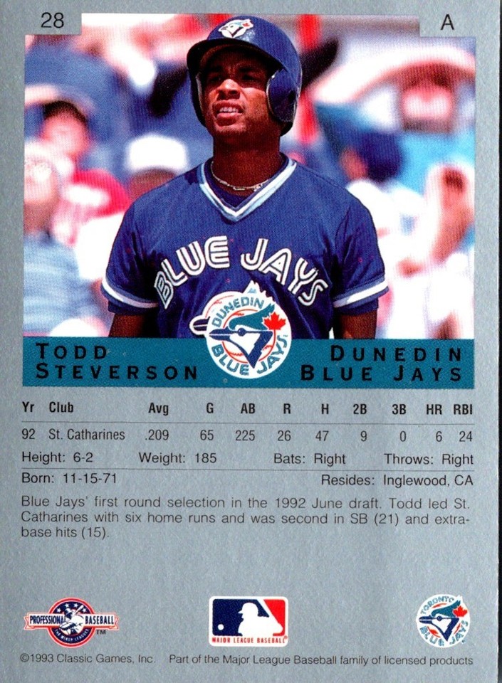 1993 Classic Best Todd Steverson #28 Dunedin Blue Jays Baseball Card | eBay