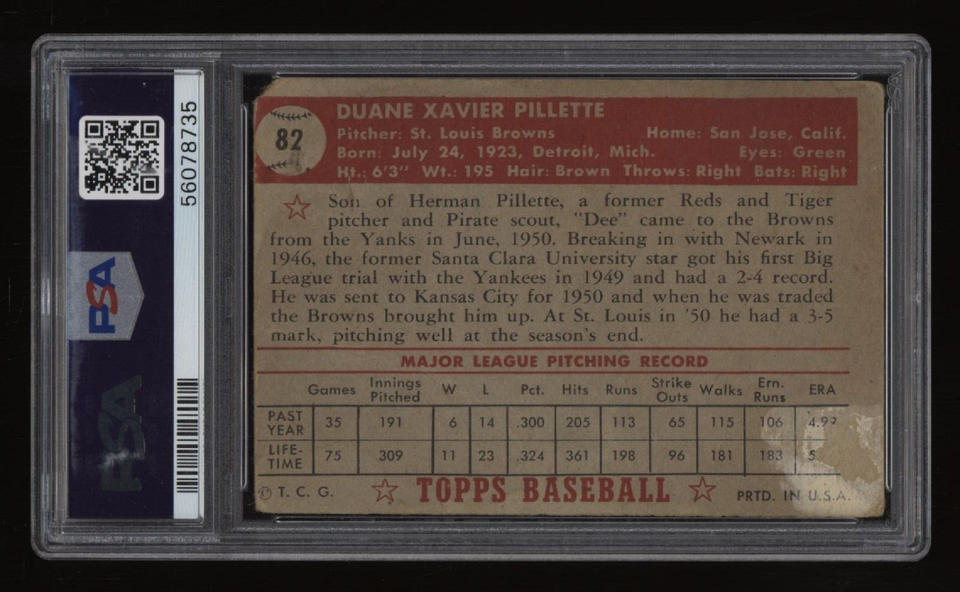 1952 Duane Pillette PSA 1 Topps Baseball #82 Invest NOW ICONIC SET (35 ...
