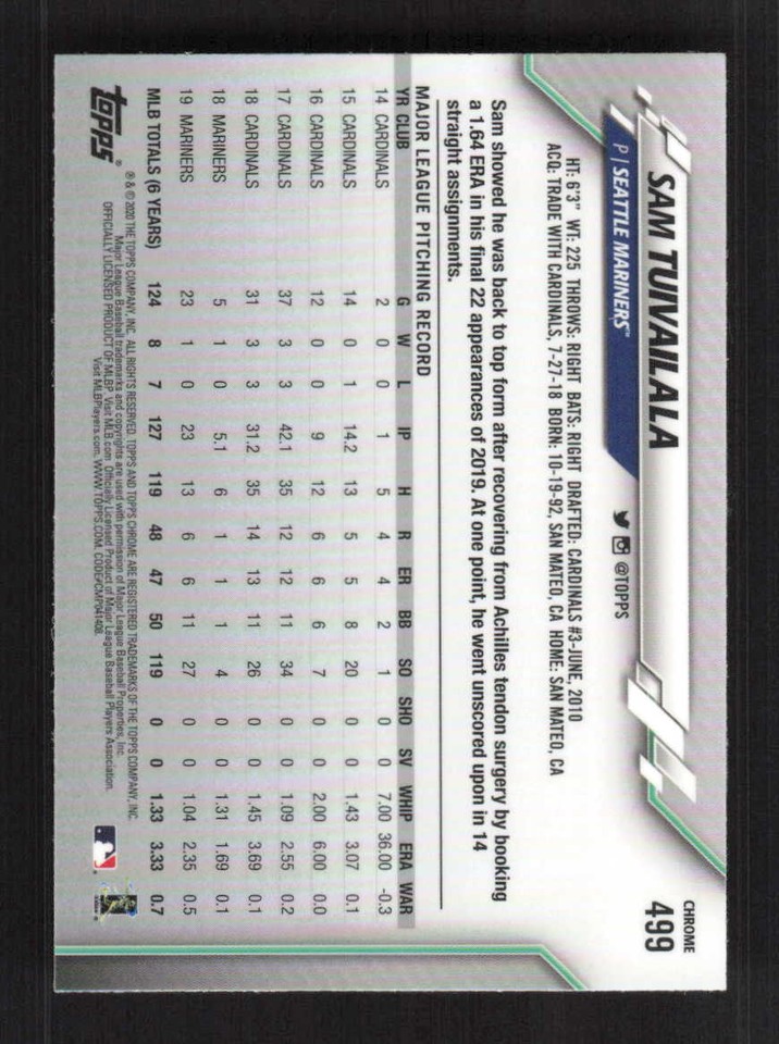 Sam Tuivailala 2020 Topps Chrome Sapphire Edition Seattle Mariners #499 ...