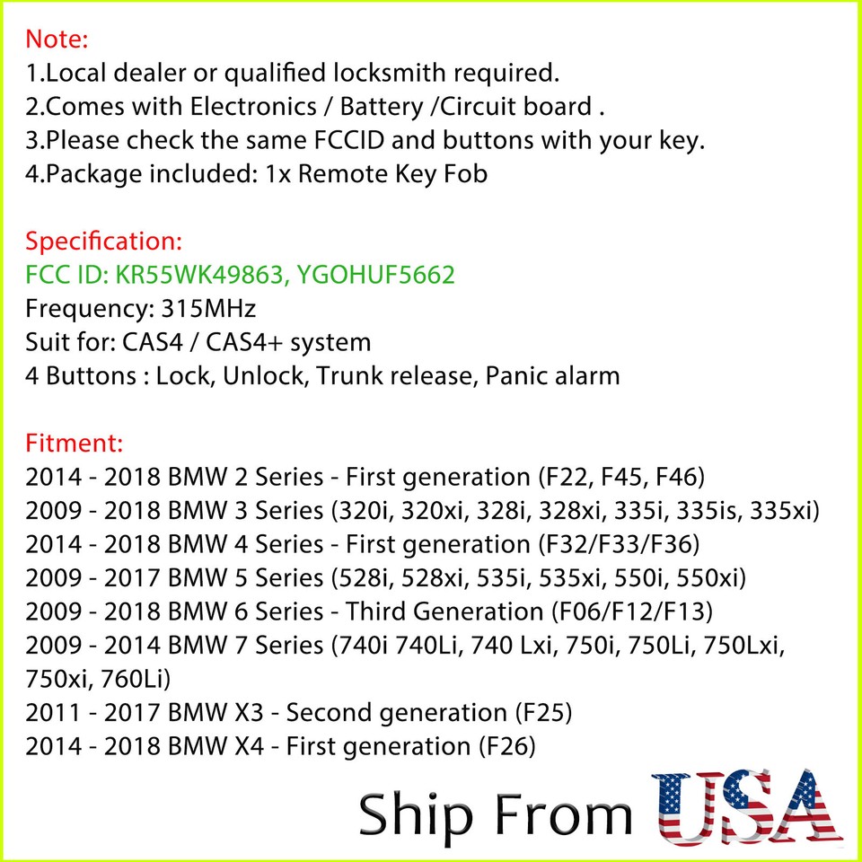 Smart Remote Key Fob For BMW F Series 3 4 5 6 7 X3 F22 F25 F32 ...